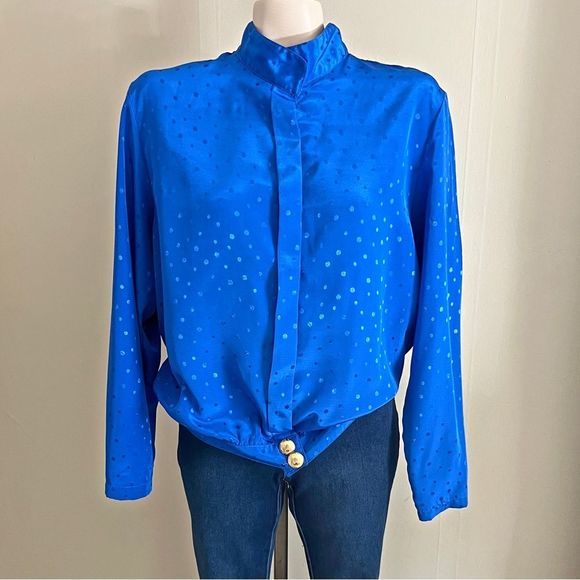 Vintage | Tops | Vintage 98s Blue Polka Dot Retro Button Front High ...